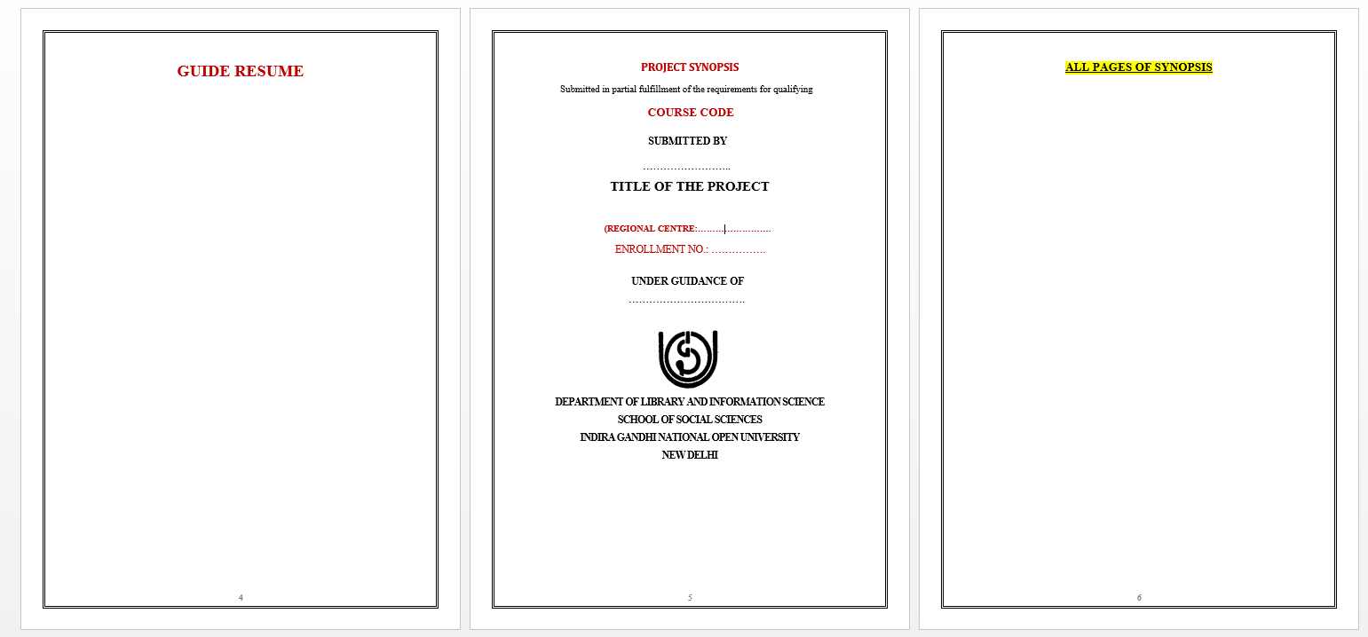 IGNOU PROJECT SYNOPSIS FORMAT FOR MS100 MTTM PGDET MLIS